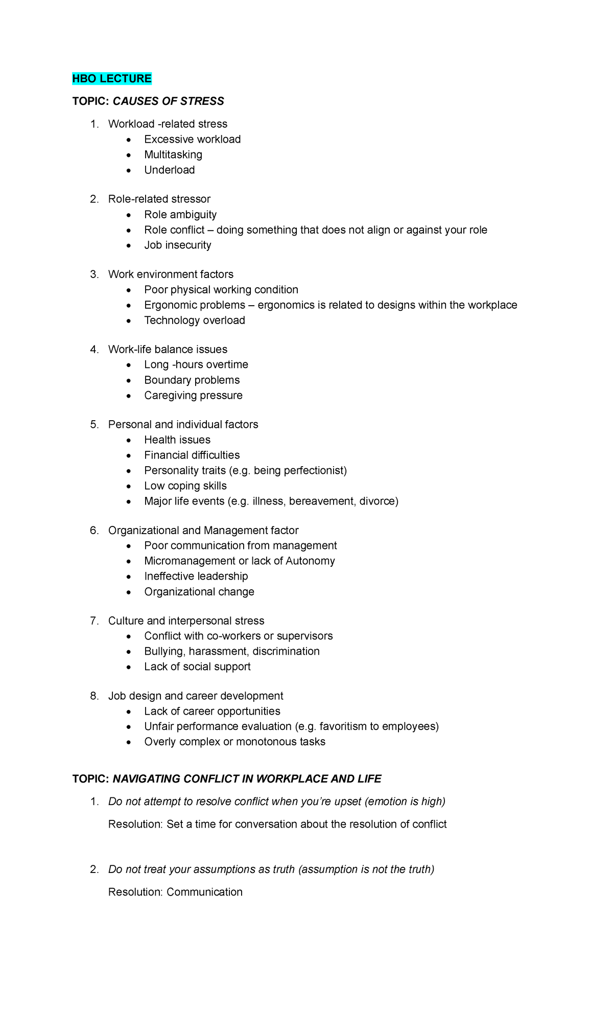 HBO LECTURE NOTES: CAUSES OF STRESS & CONFLICT RESOLUTION - Studocu