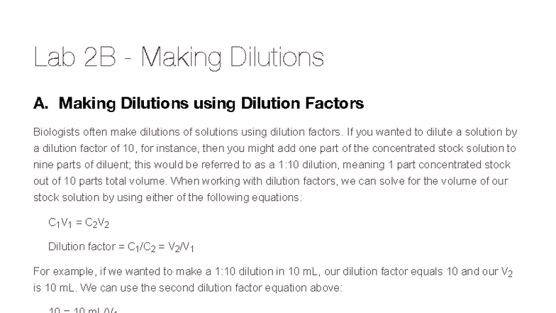 Lab 2B - Making Dilutions: Techniques & Practice Problems for Bio 1AL ...