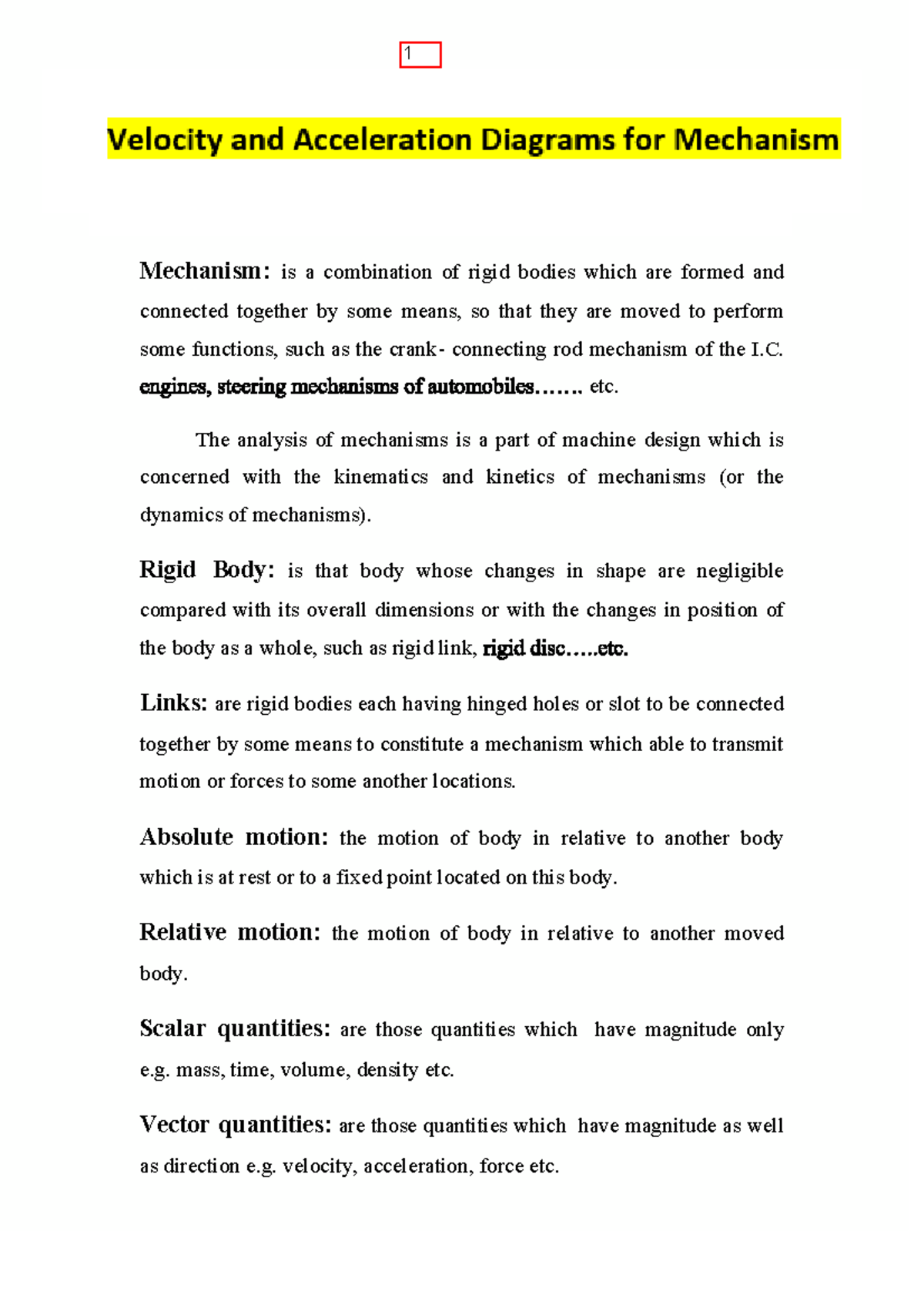 Mechanism Dynamics: Velocity & Acceleration Diagrams Analysis - Studocu