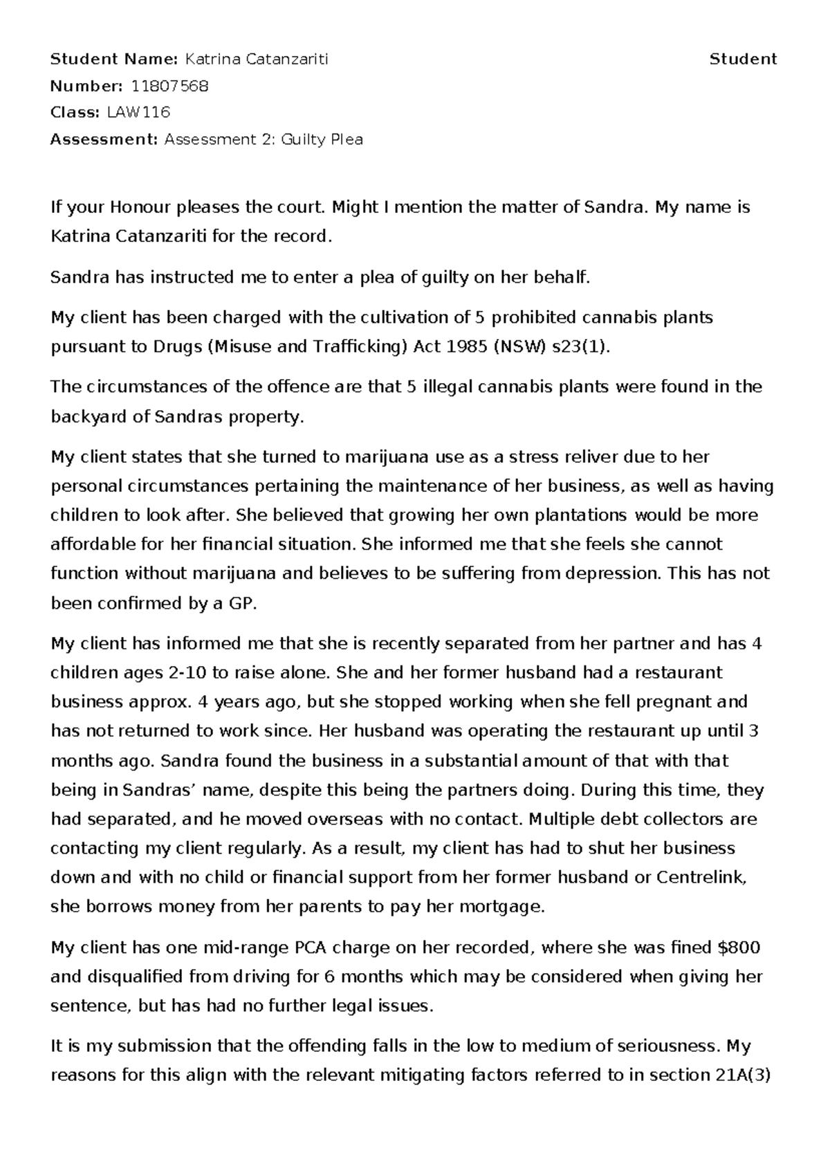 LAW116 A2 - Guilty Plea Submission for Sandra's Case - Studocu