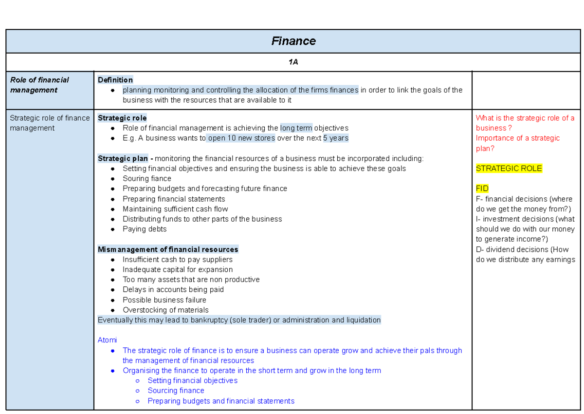 HSC Business Finance Notes: Strategic Role of Financial Management ...