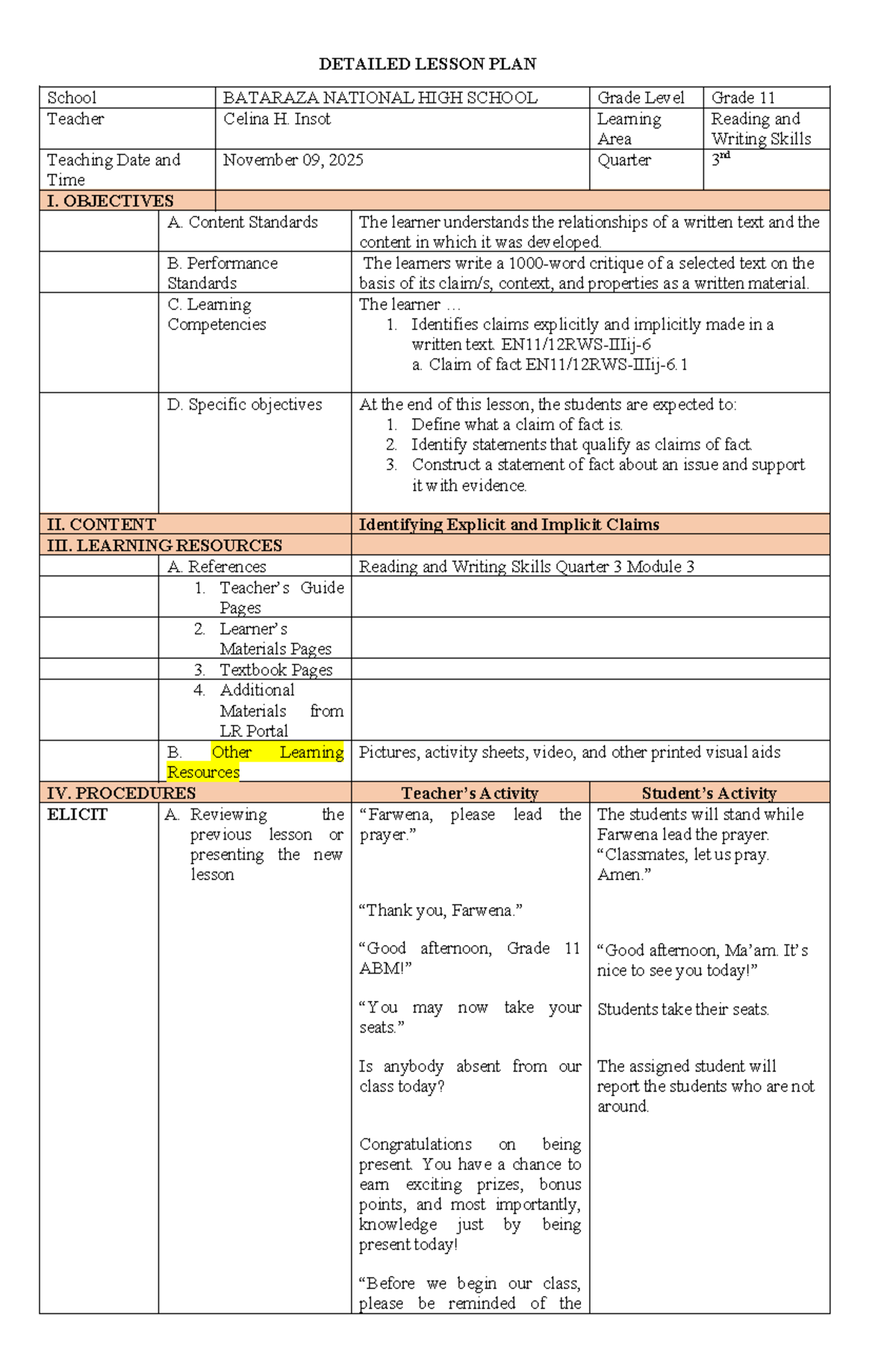 Grade 11 Reading & Writing Skills Lesson Plan: Claims of Fact - Studocu