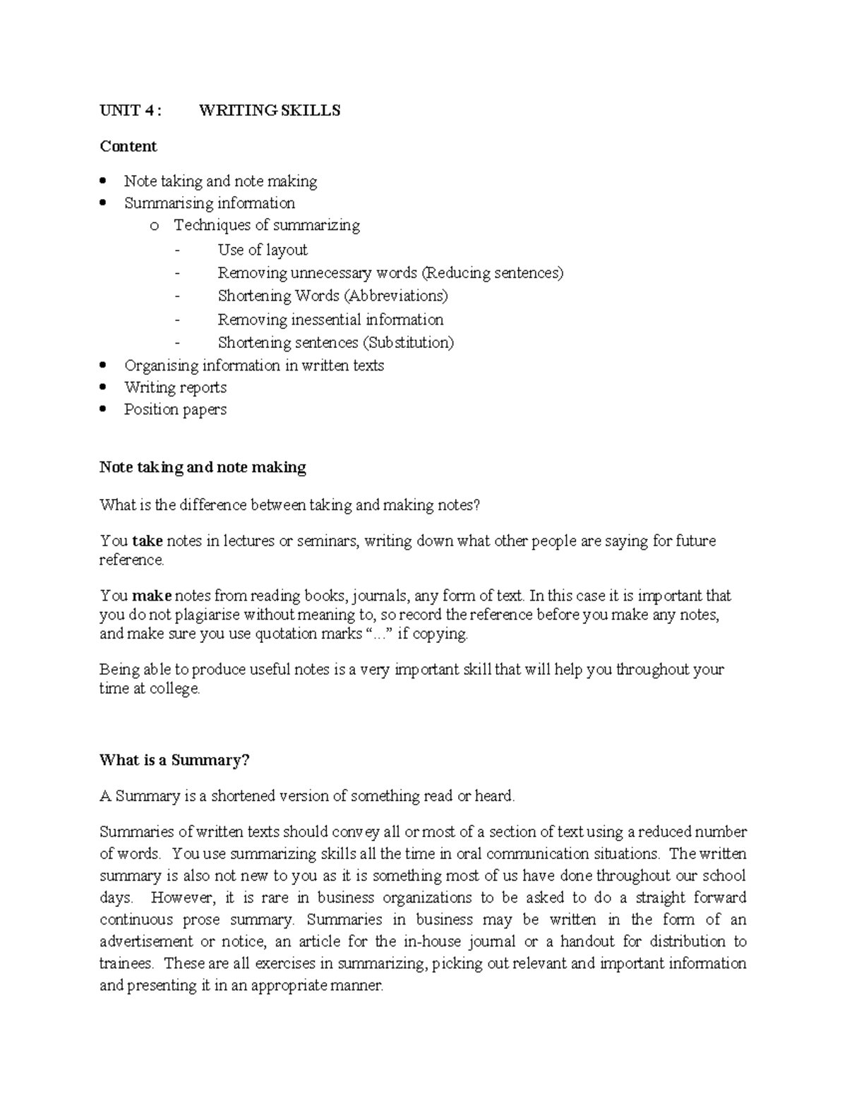 UNIT 4: Writing Skills - Note Taking, Summarizing & Report Writing - Studocu