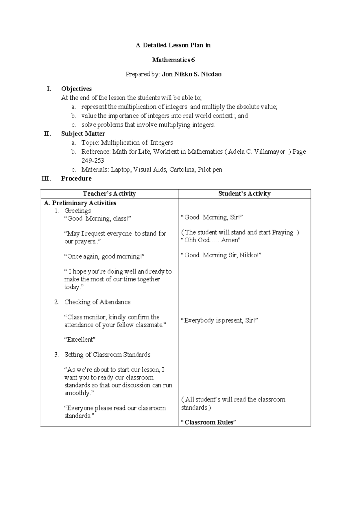Detailed Lesson Plan: Multiplication of Integers in Math 6 - Studocu