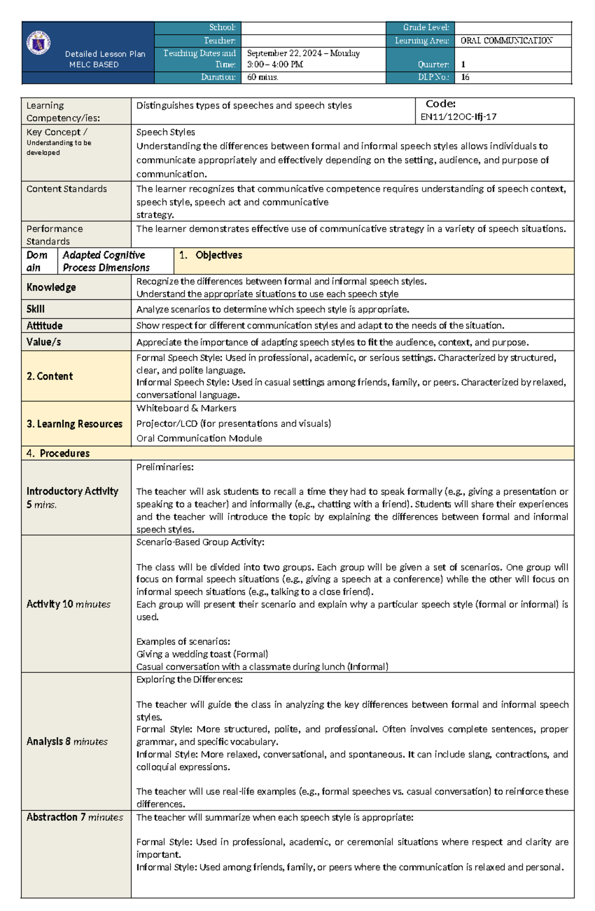 DLP Distinguishes types of speeches and speech styles - Detailed Lesson ...