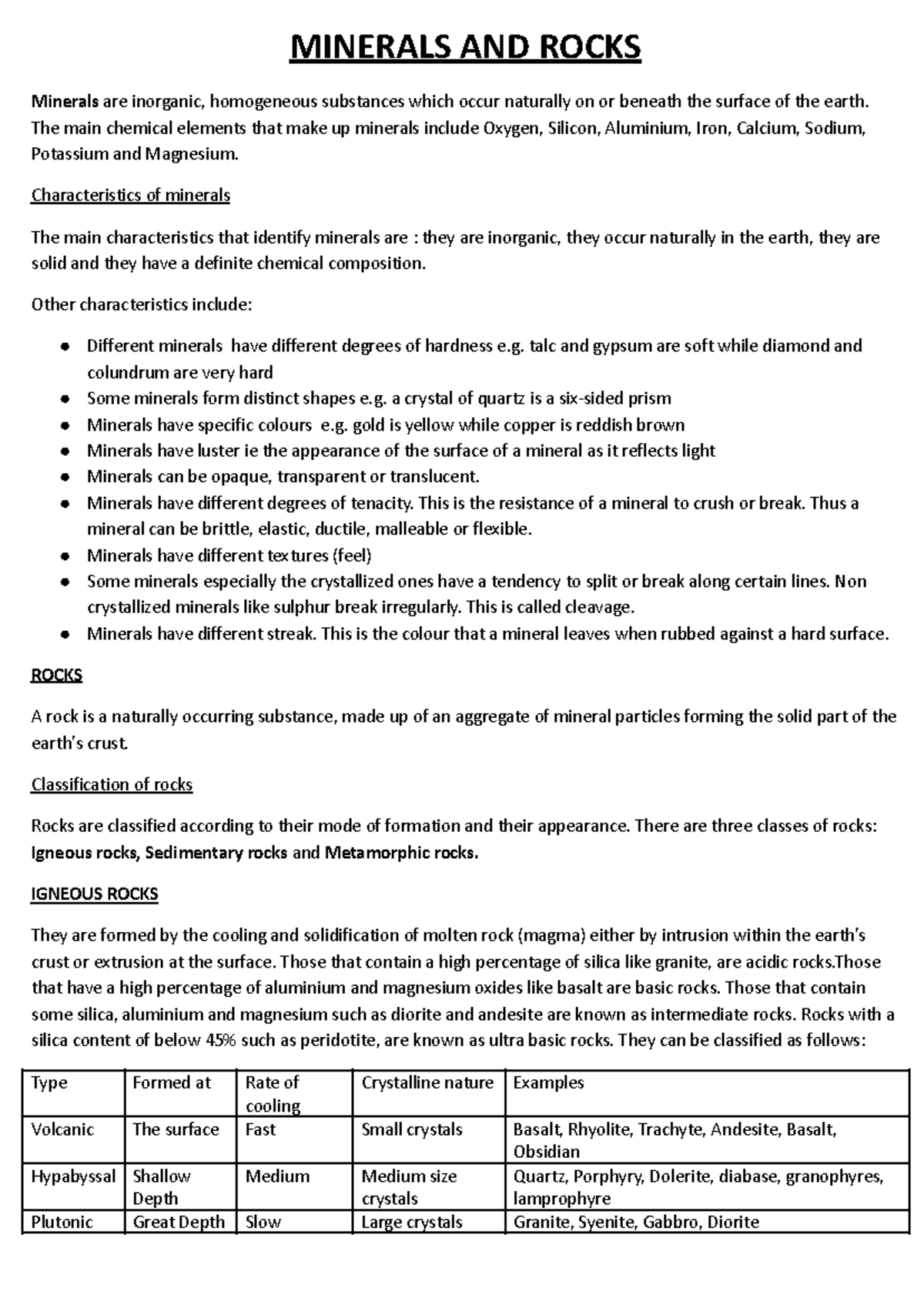 Mining and rocks summarized notes - MINERALS AND ROCKS Minerals are ...