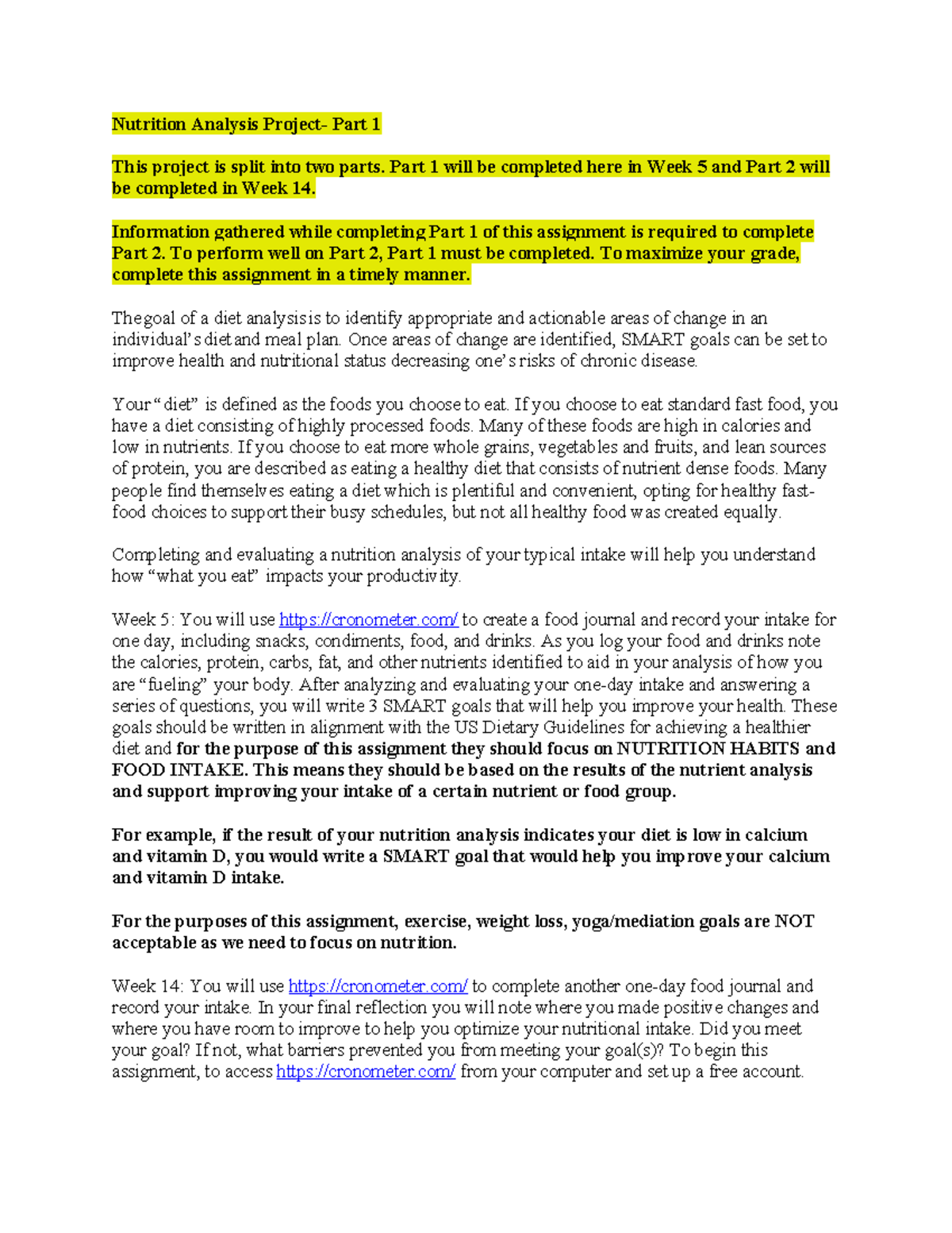 Nutrition Analysis Project (NUTR 101) - Part 1 Instructions and ...