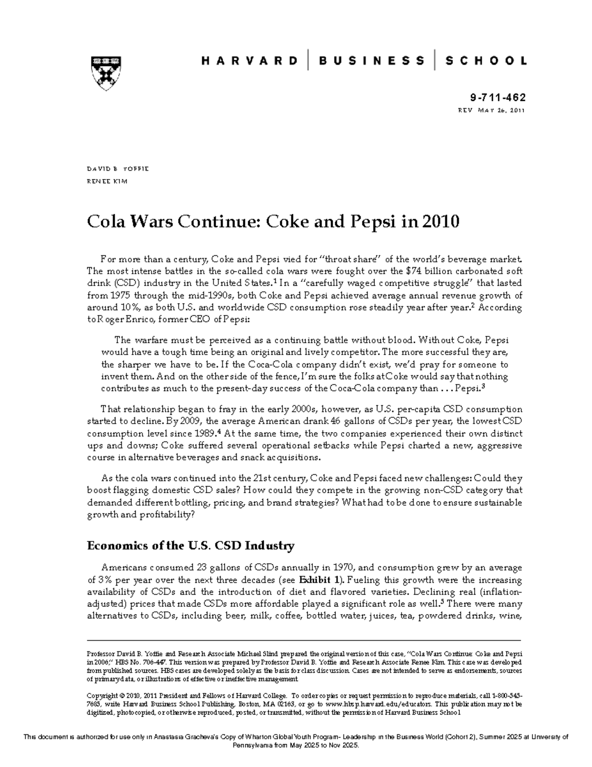 Cola Wars Continue: Coke and Pepsi in 2010 - HBS Case Study Analysis - Studocu