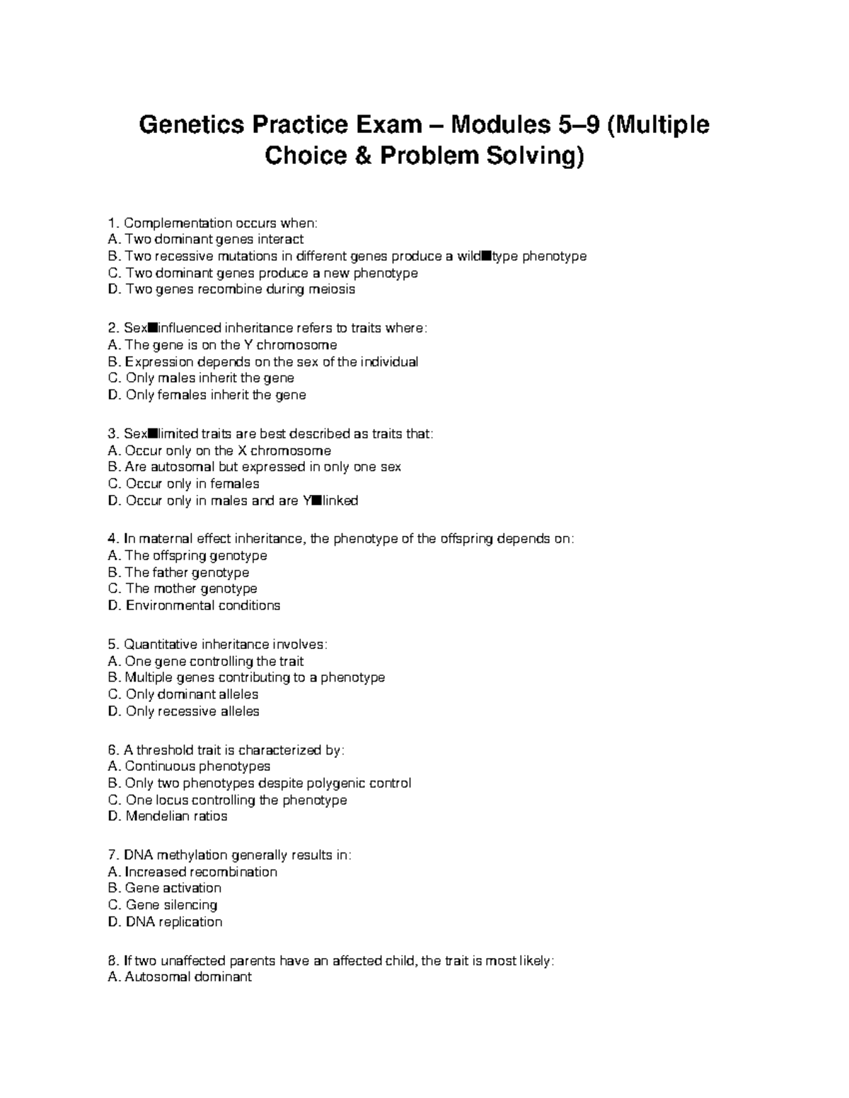 Genetics 5-9 MC Problem Set: Practice Exam Questions - Studocu