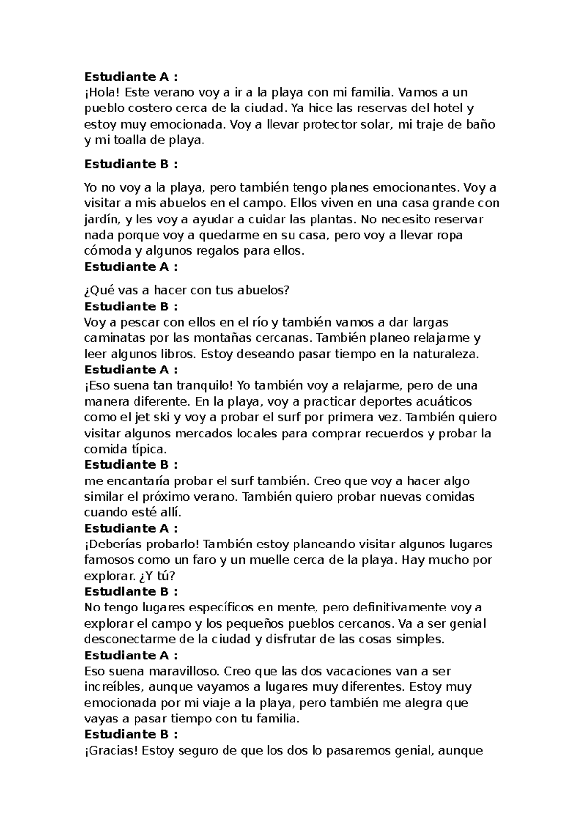 Ingles Semana 14 - Conversación sobre Vacaciones - Studocu