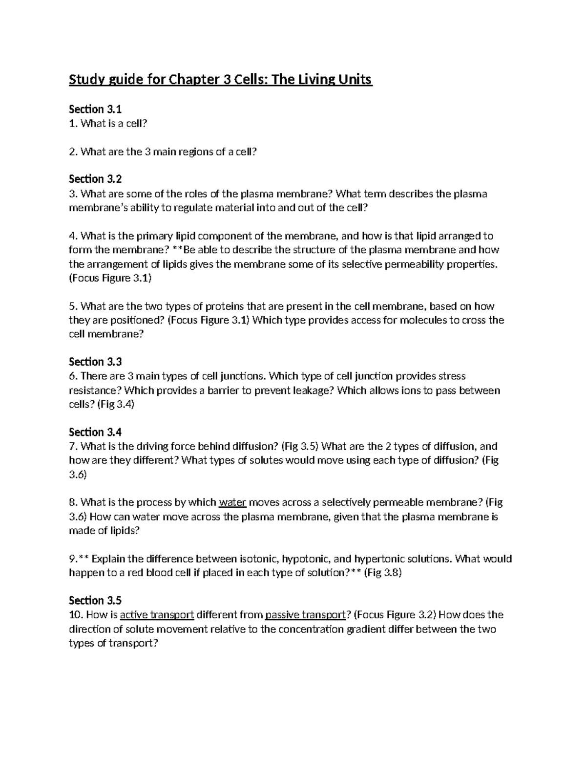 Chapter 3 Study Guide: Cells - The Living Units (BIO101) - Studocu
