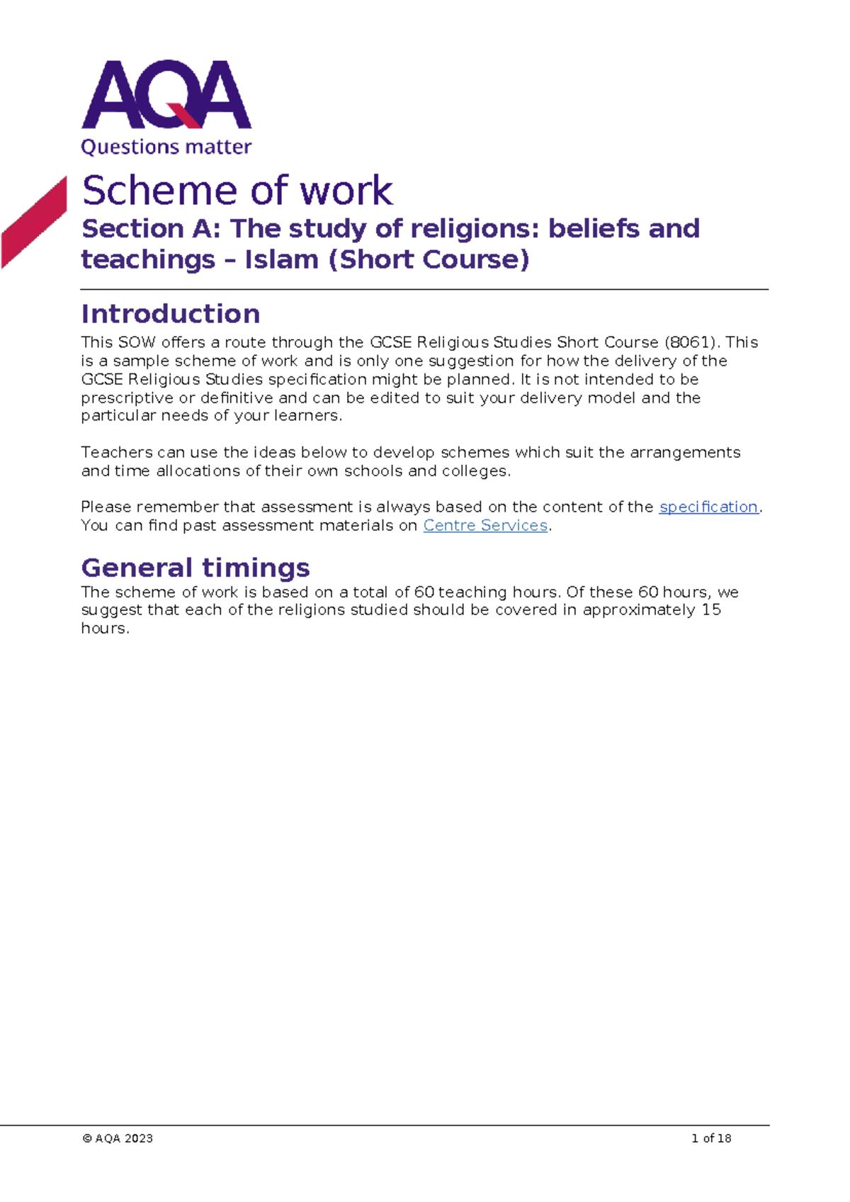 AQA 8061 GCSE Religious Studies: Islam Scheme of Work Overview - Studocu