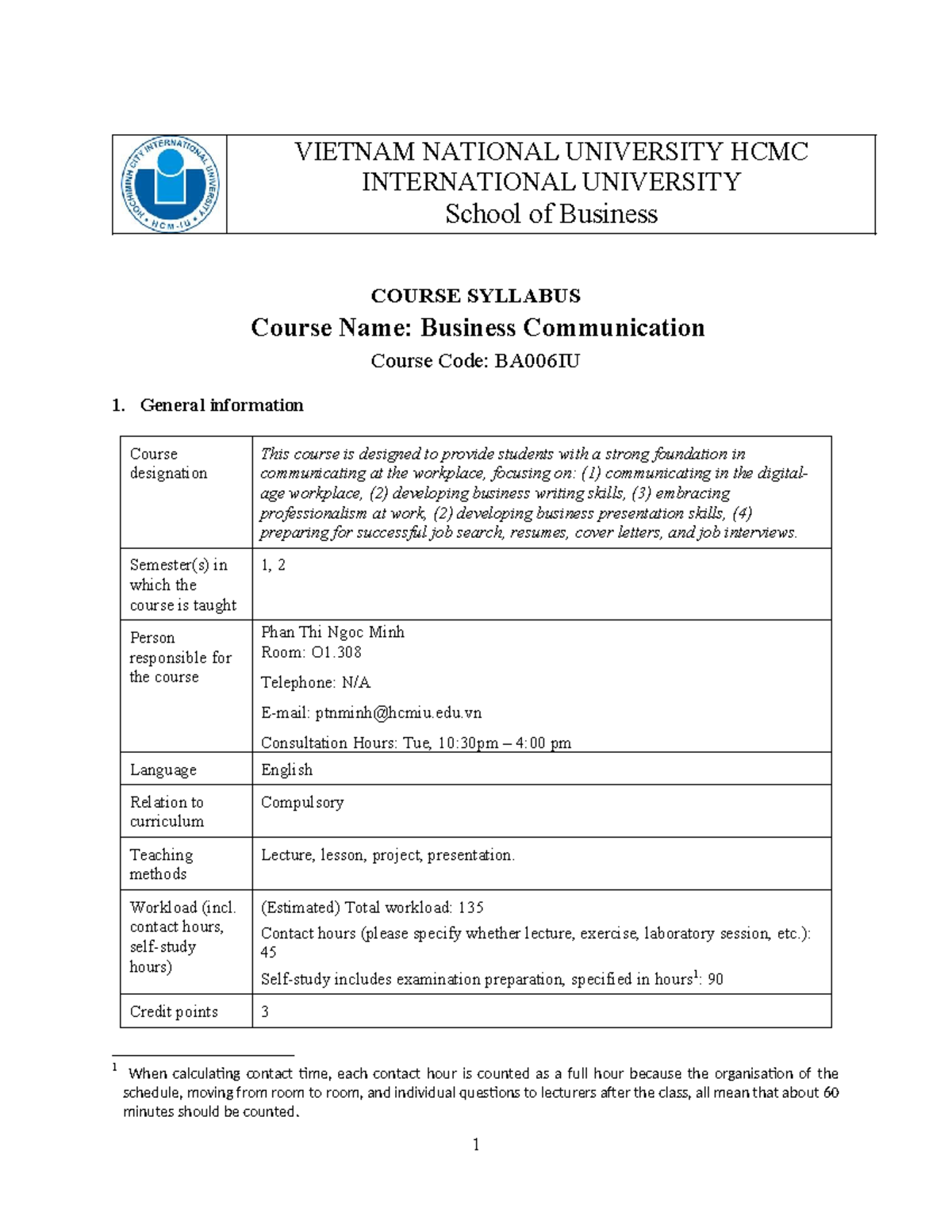 Syllabus for BA006IU - Business Communication Course (Minh Phan, July ...
