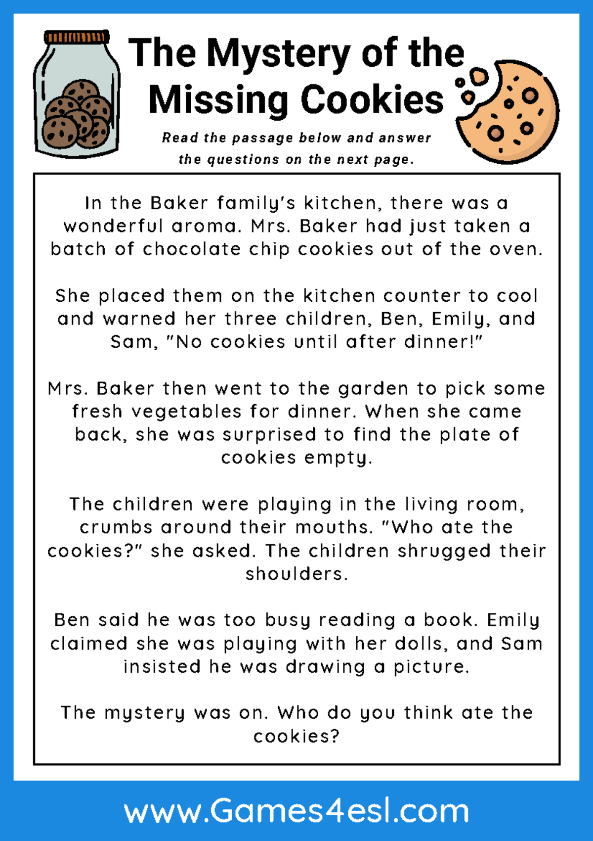 Grade 4 Reading Comprehension Worksheet 1 - I n t h e B a k e r f a m i ...