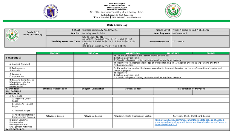Daily Lesson Log: Geometry & Polygons - Grade 7 (1st Quarter) - Studocu