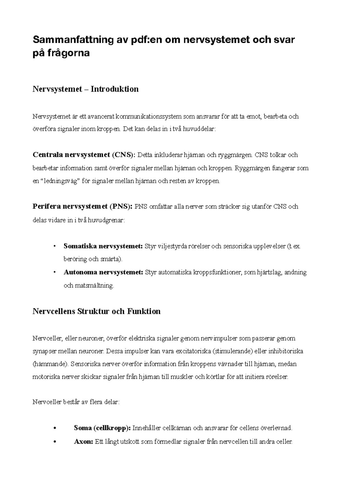 Nervsystemet Sammanfattning: Centrala och Perifera Systemets Funktioner ...