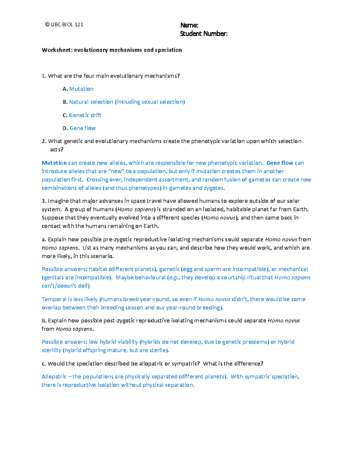 BIOL 121 Worksheet: Evolutionary Mechanisms & Speciation Key - Studocu