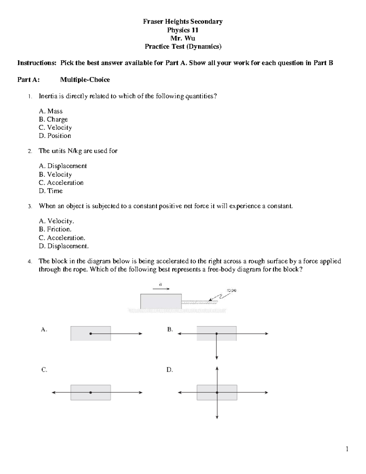 Physics 11 Dynamics Practice Test - Mr. Wu - Studocu