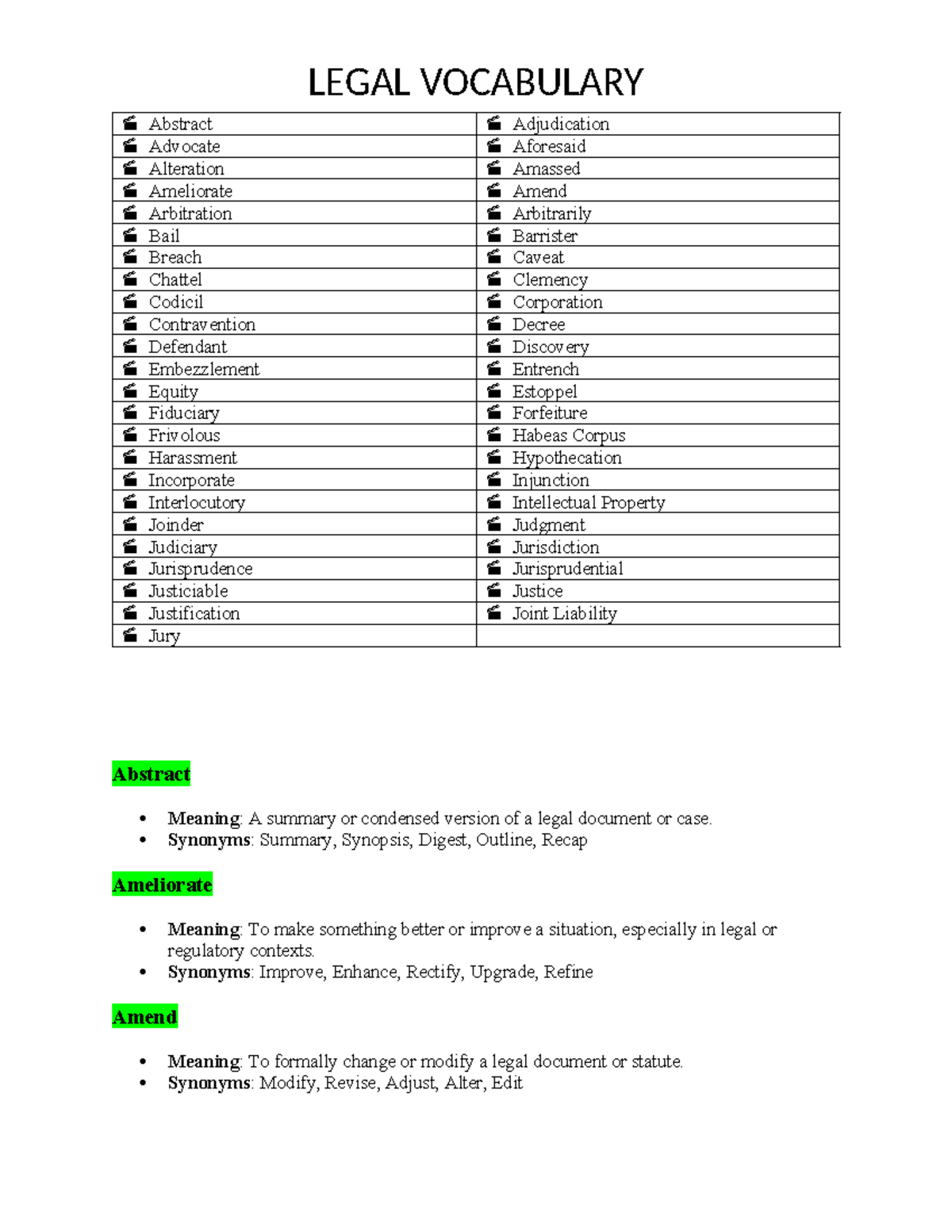 LEGAL VOCABULARY: Key Terms and Definitions for Law Studies - Studocu