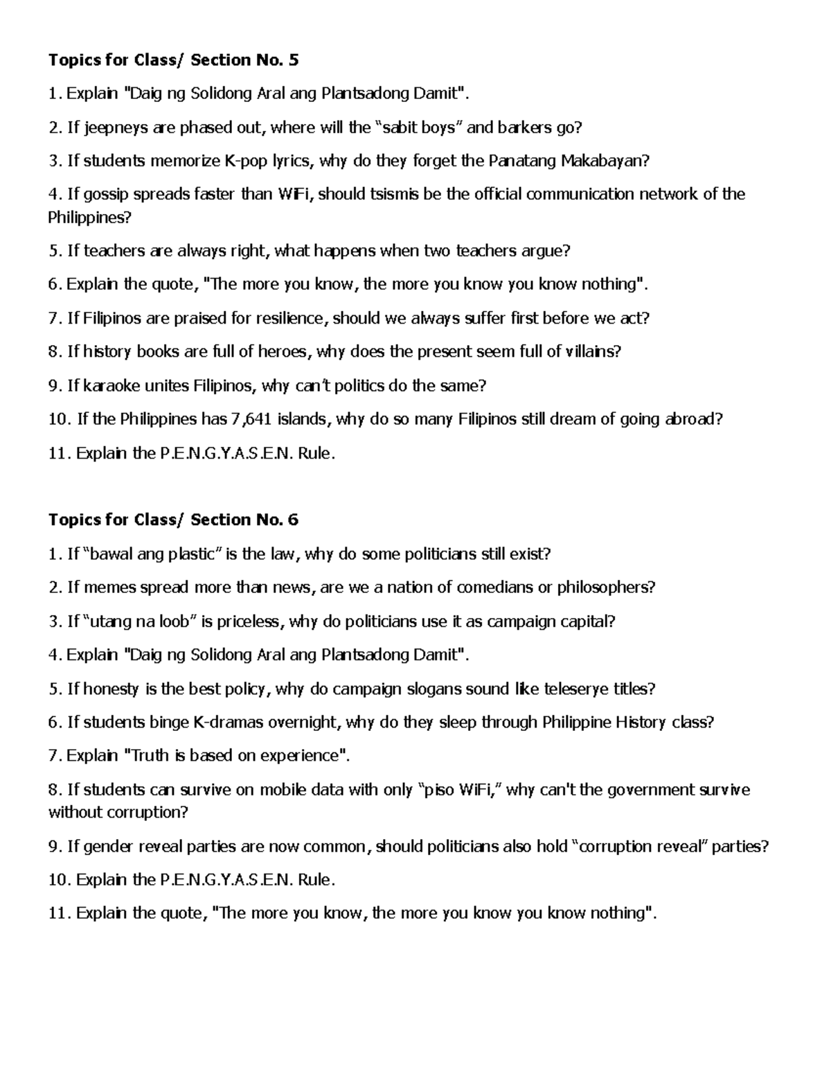 Topics for Class OKK 5 & 6: Thought-Provoking Questions - Studocu