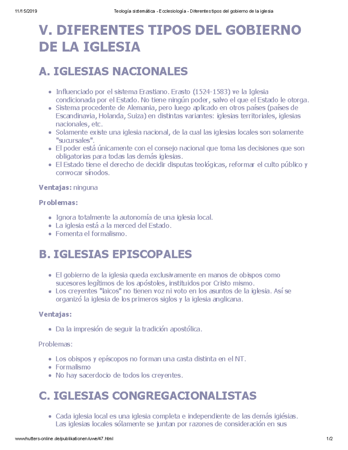 Teología Sistemática: Tipos de Gobierno de la Iglesia - Studocu