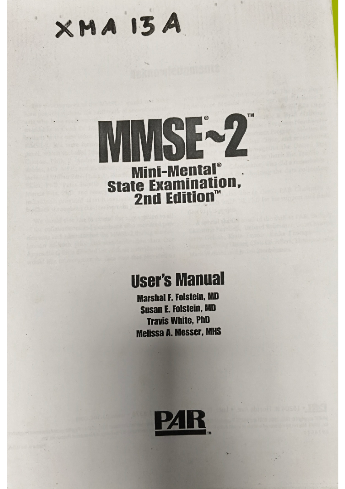 MMSE-2 - Comprehensive Manual Overview for Mini Mental State Exam - Studocu
