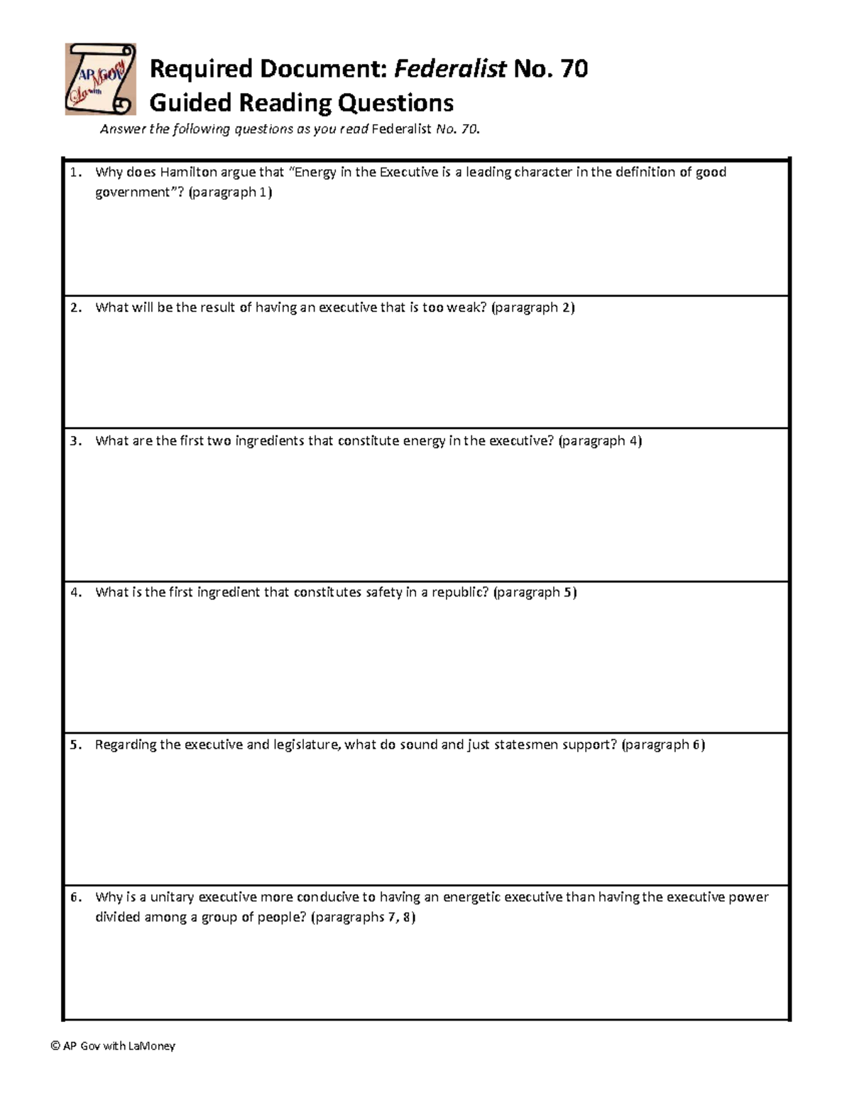 AP Gov: Guided Reading Questions for Federalist No. 70 - Studocu