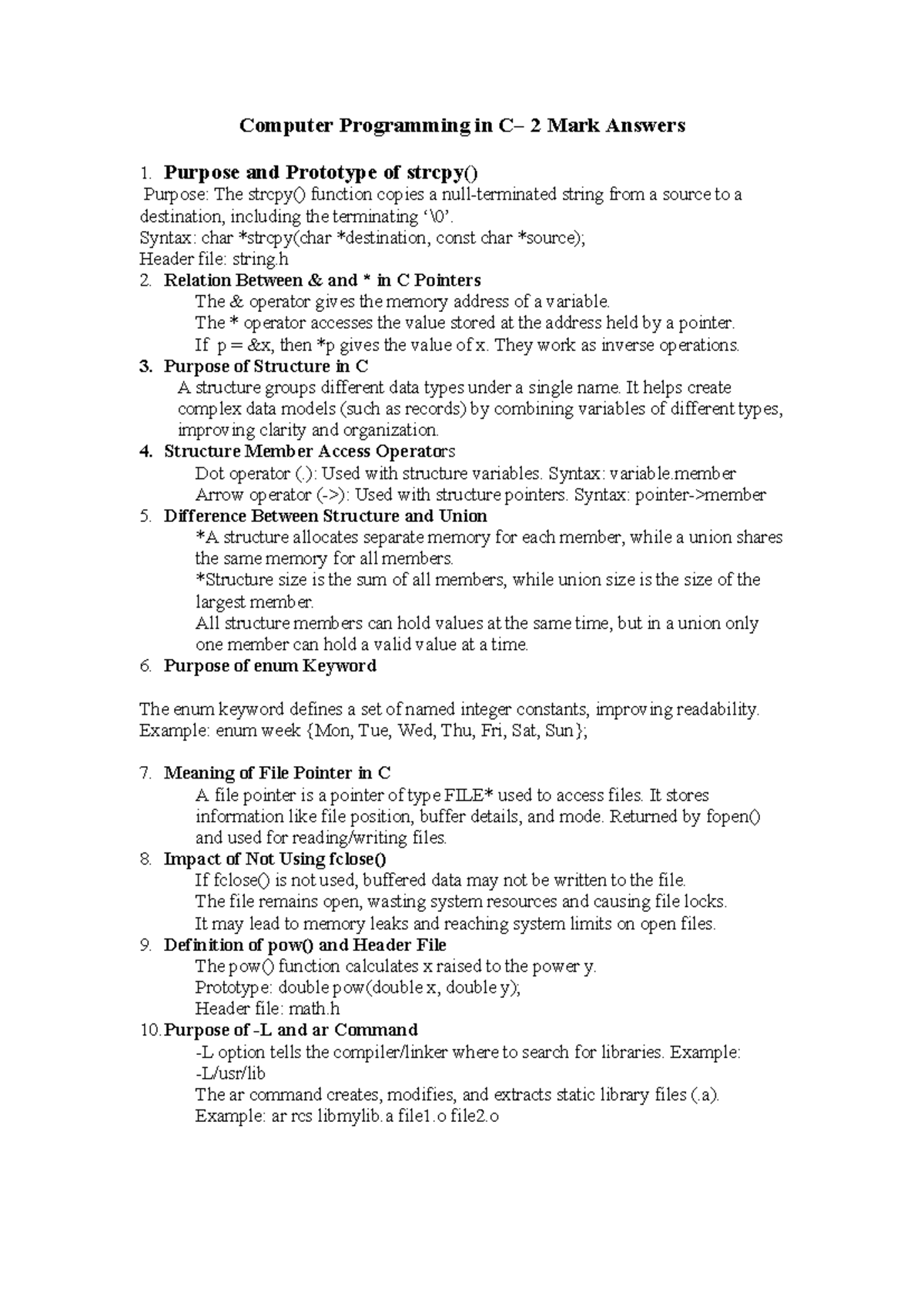 C Programming (CS101) – 2 Mark Answers Overview - Studocu