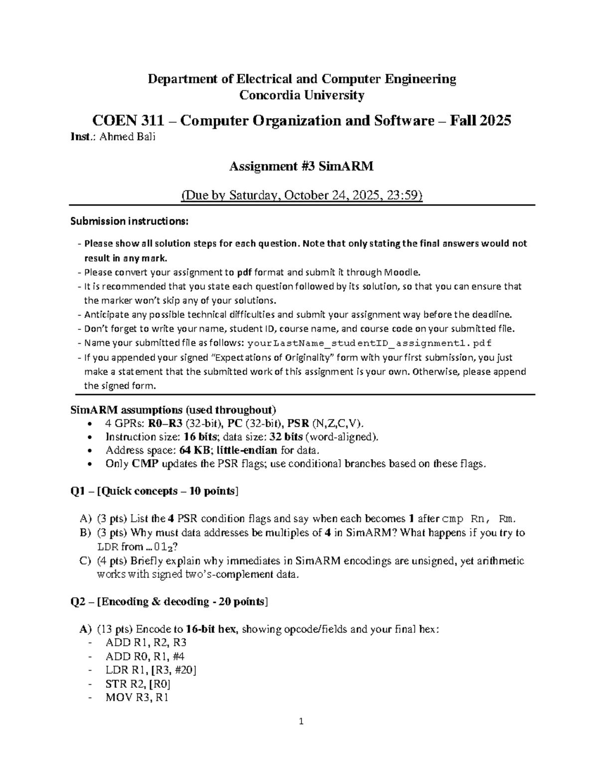 COEN 311 Fall 2025 Assignment 3: SimARM Computer Organization - Studocu
