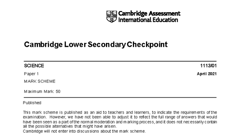 Cambridge Lower Secondary Checkpoint SCIENCE Paper 1 Mark Scheme (April ...