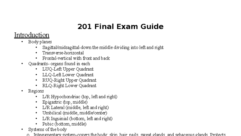 201-Bio Final Exam Study Guide: Body Systems & Functions - Studocu