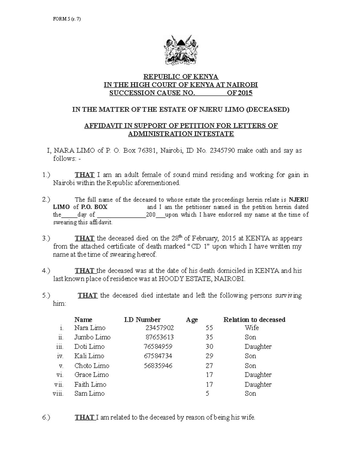 Affidavit for Petition - Succession Cause No. 2015, Kenya - Studocu