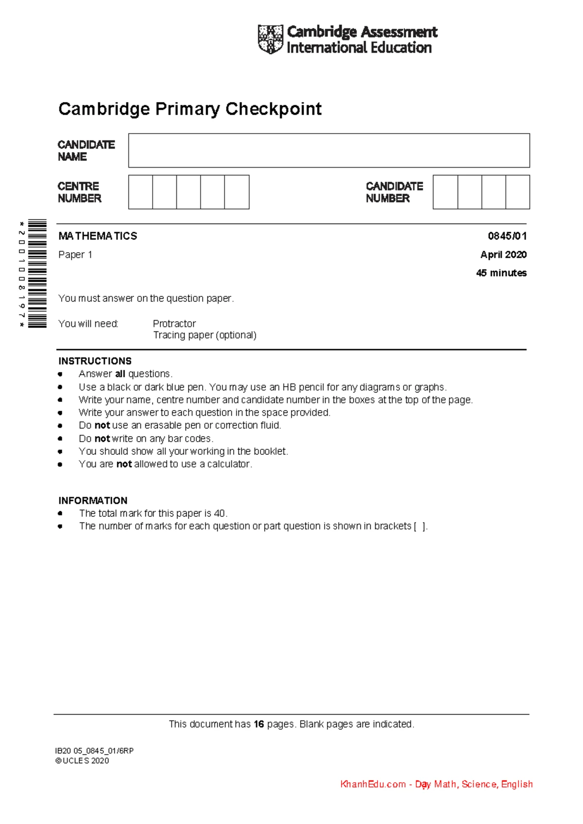 Cambridge Primary Checkpoint Mathematics Paper 1 (0096/01) - Oct 2024 ...