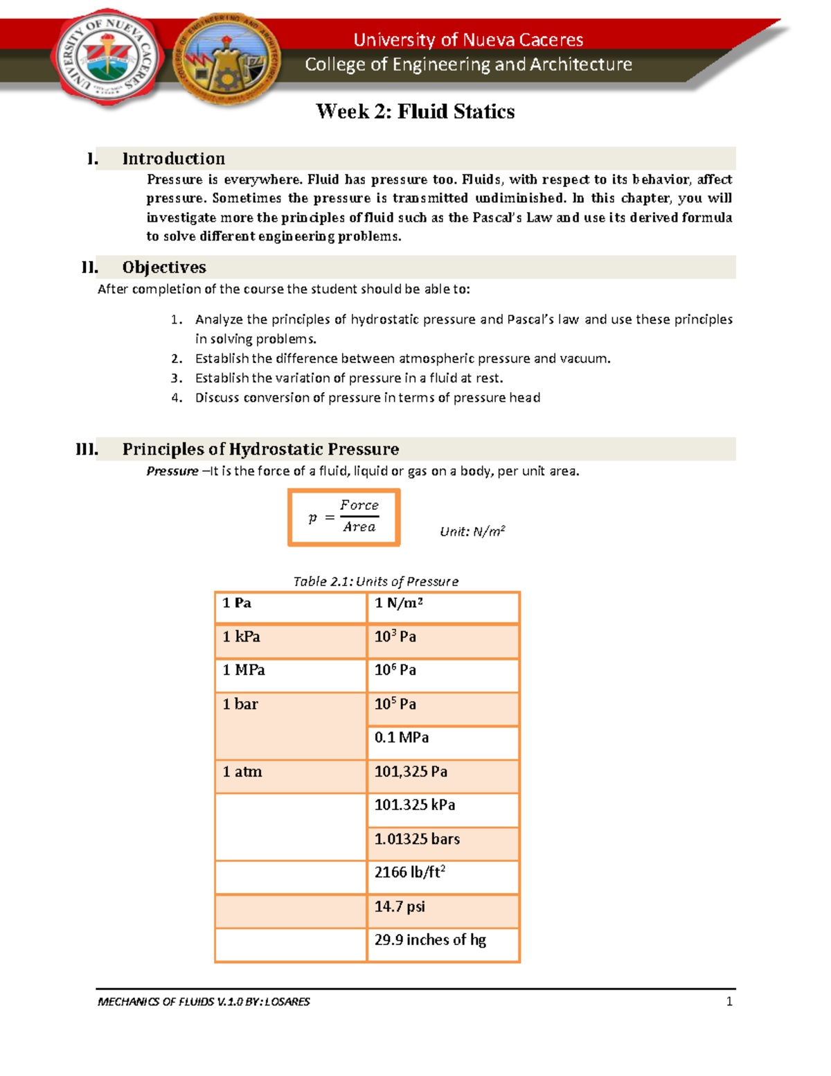 Week 2: Fluid Statics - Hydraulics Notes (ENGR 101) - Studocu