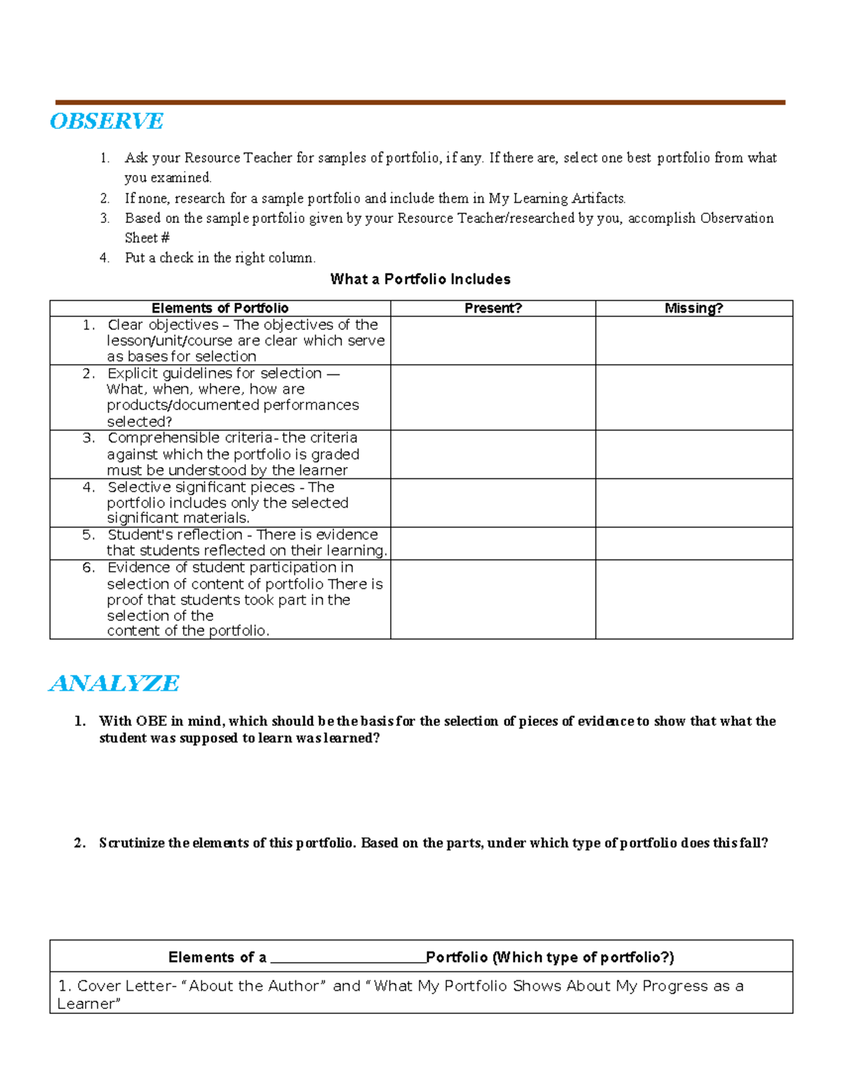 FS1 - Field Study 1: Analyzing Portfolio Elements and Assessment ...