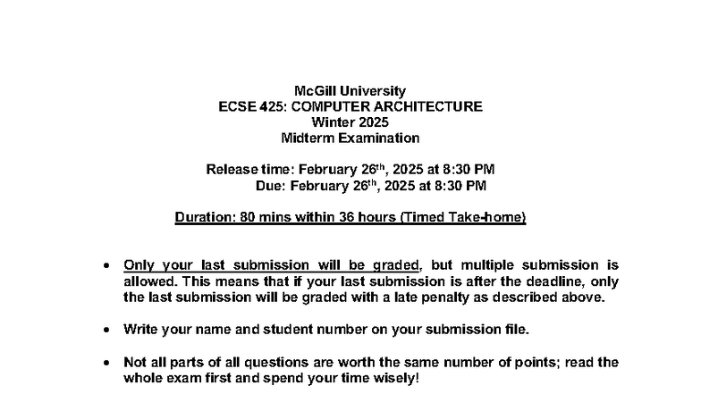 McGill University ECSE 425: Computer Architecture Winter 2025 Midterm ...