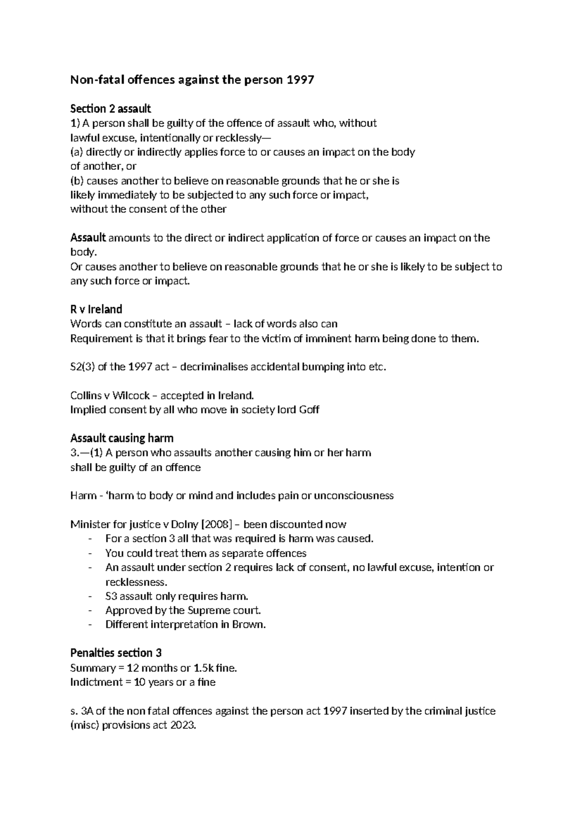 Non-Fatal Offences Against the Person: Key Points from 1997 Act - Studocu