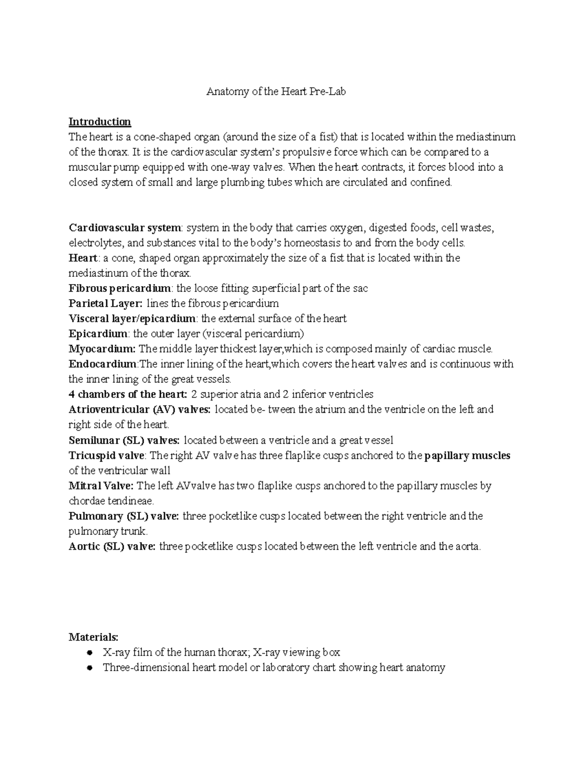 Heart Anatomy Pre-Lab: Exploring Structures and Functions - Studocu