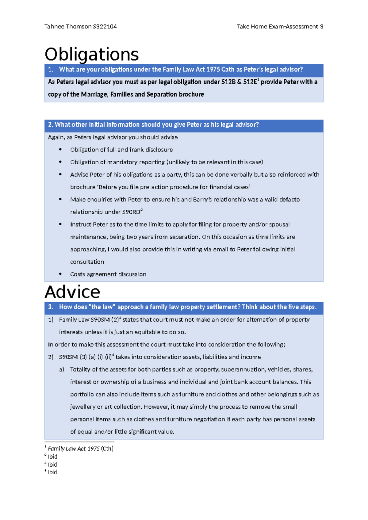 Take Home Exam: Family Law Obligations & Property Settlement Analysis ...