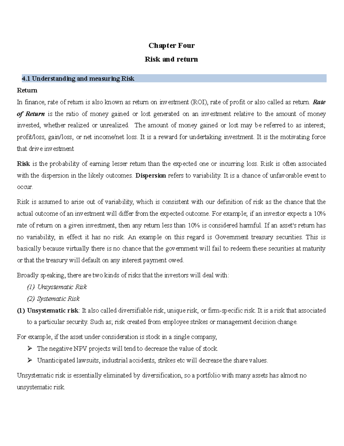 Financial Management I: Chapter 4 - Understanding Risk and Return - Studocu