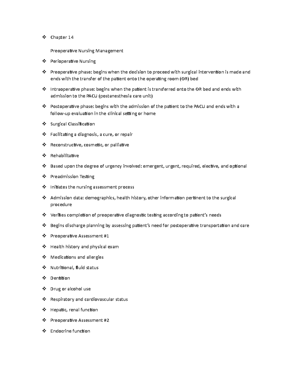 Chapter 14 - Preoperative Nursing Management Notes - Studocu