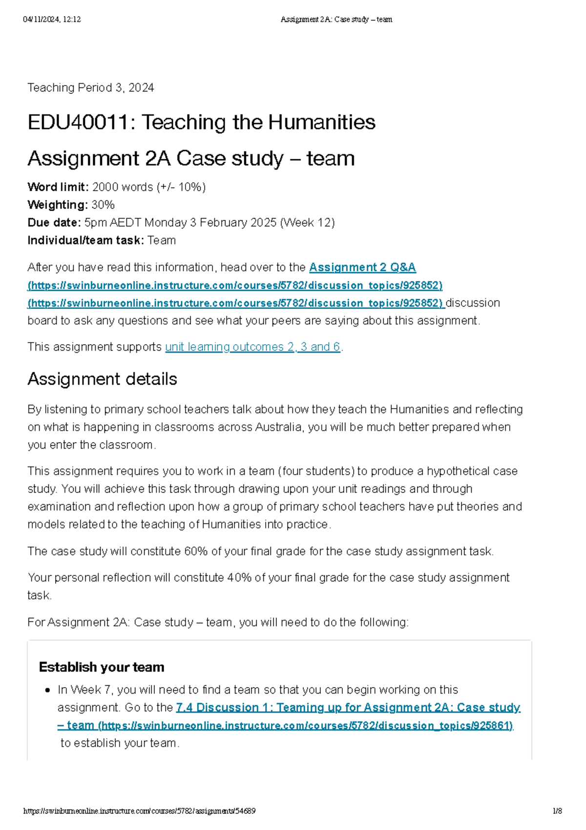 EDU40011 Assignment 2A: Team-Based Humanities Case Study Guide - Studocu