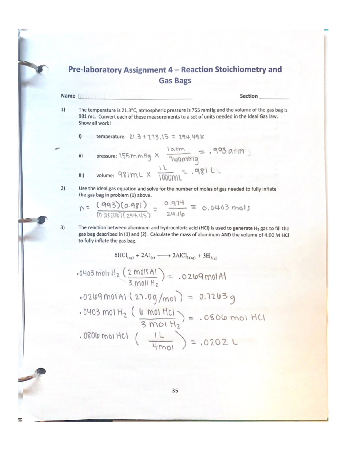 Pre-laboratory Assignment 4 - Reaction Stoichiometry and - Assignment 4 ...