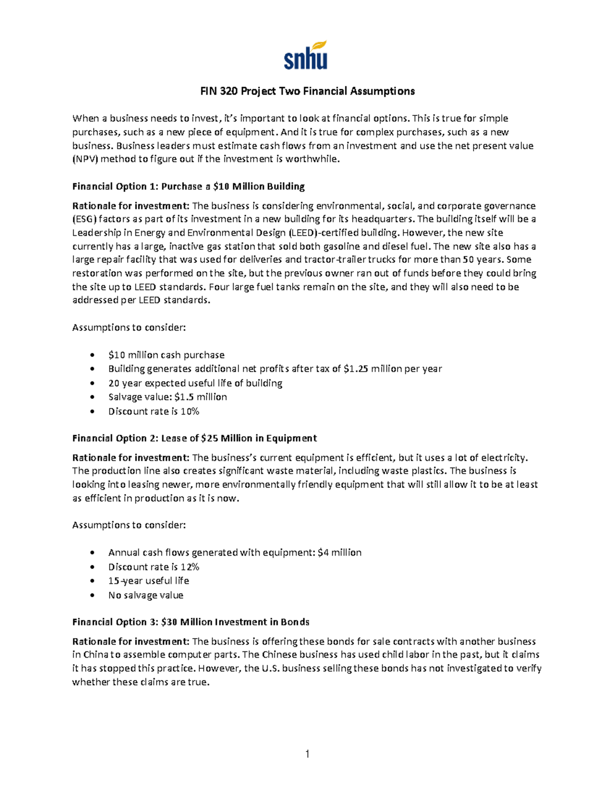 FIN 320 Project Two Financial Assumptions - 1 FIN 320 Project Two ...