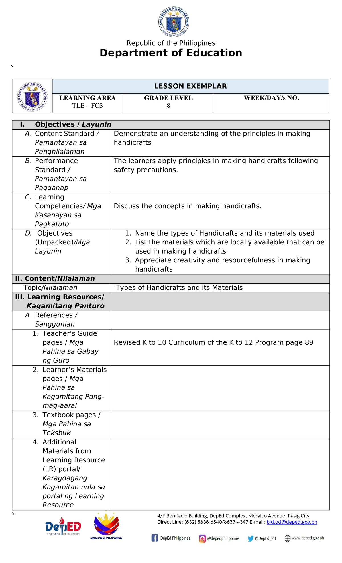 DLL-Quarter 3-Lesson 1: Handicrafts for Grade 8 TLE FCS - Studocu