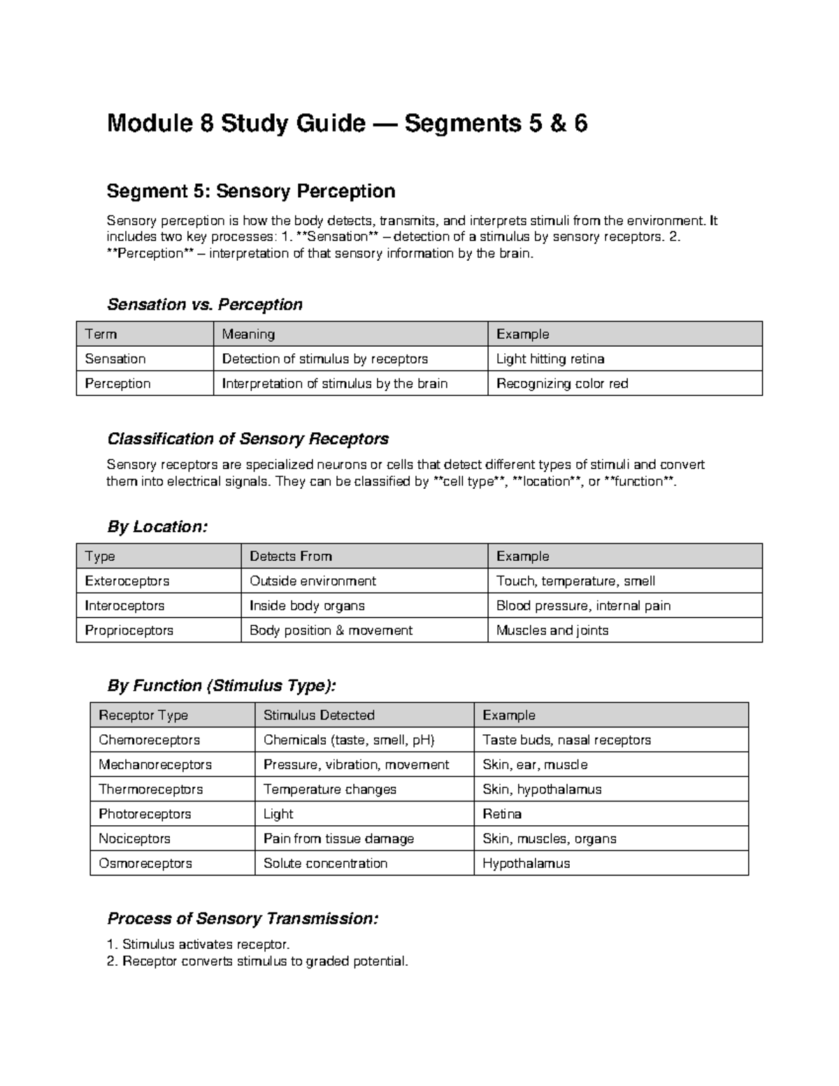 Module 8 Study Guide: Sensory Perception & General Senses - Studocu