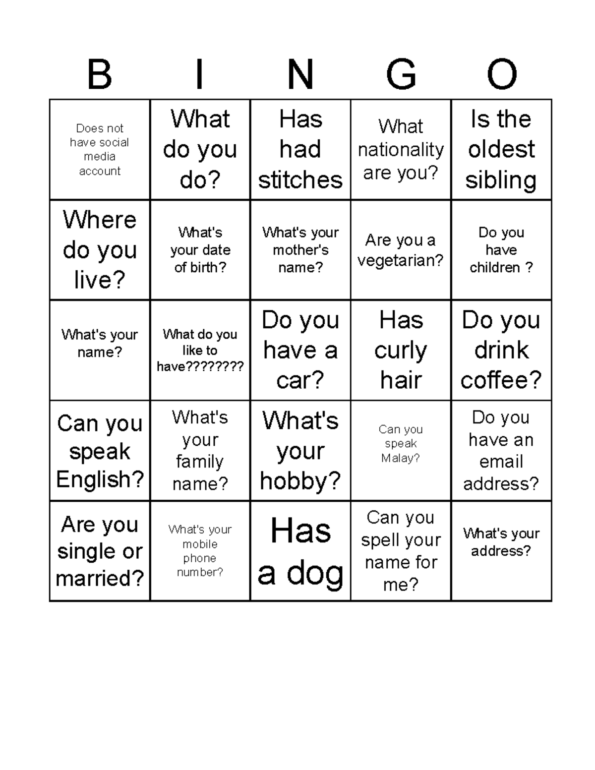 B I N G O Template for Social Media & Personal Info Questions - Studocu