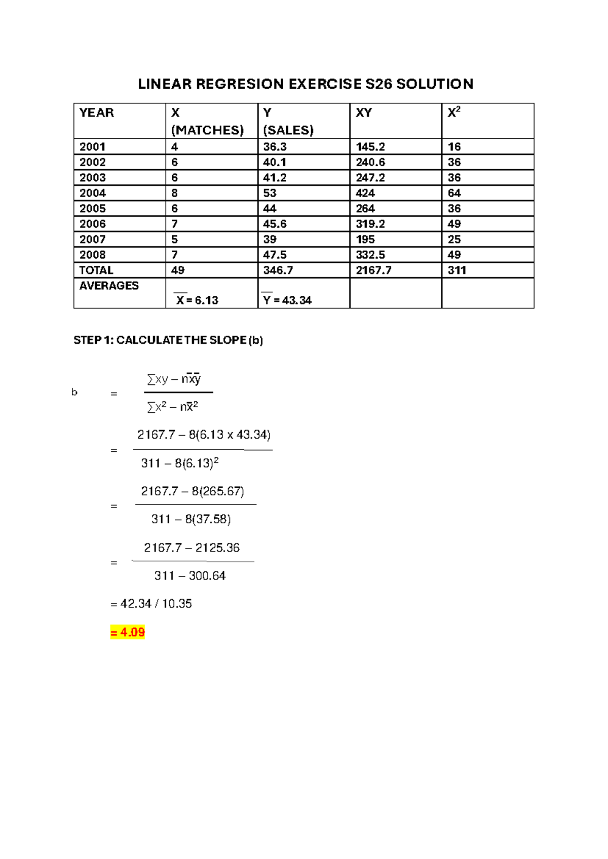 Linear Regression Exercise S26 Solutions and Calculations - Studocu