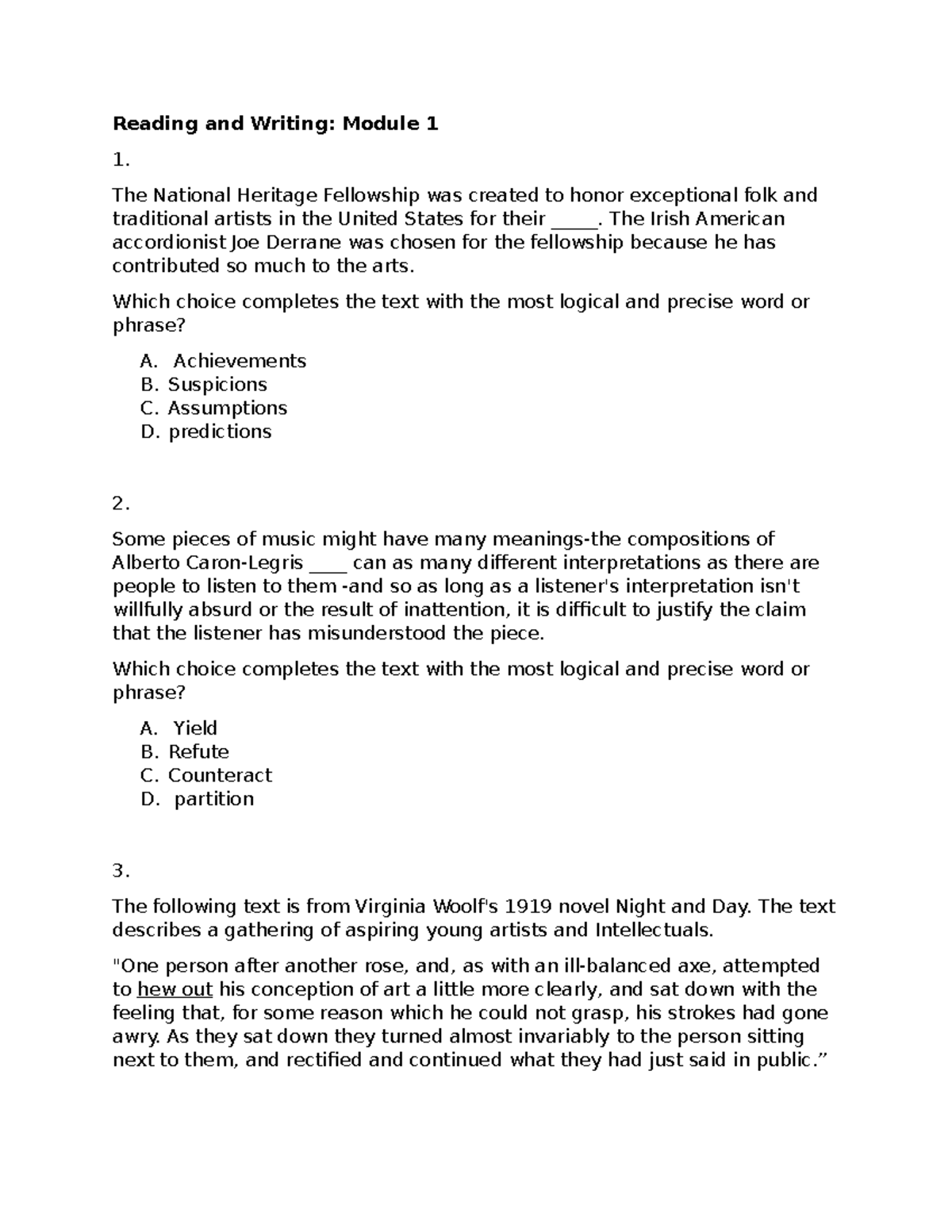 D18 - SAT Digital Full Exam: Reading & Writing Module 1 & 2 - Studocu