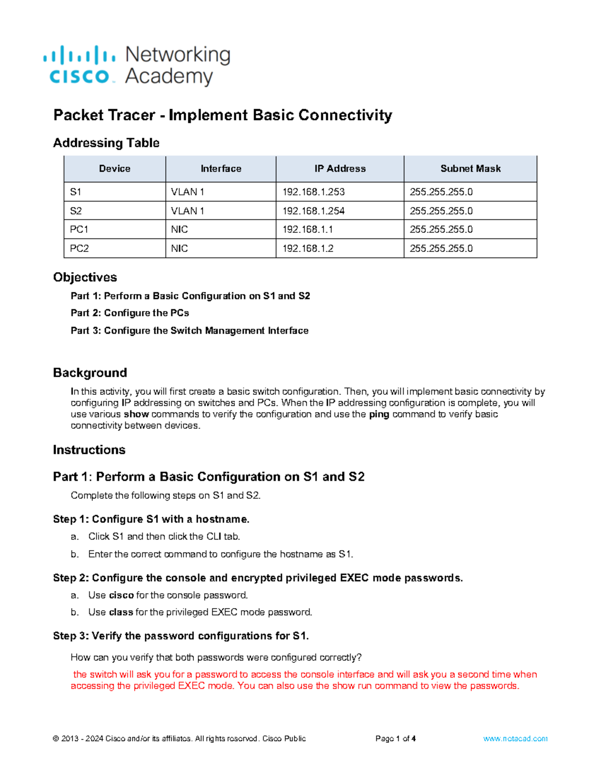 Harshil 2.7.6 Packet Tracer - Implement Basic Connectivity - Addressing Table Device Interface ...